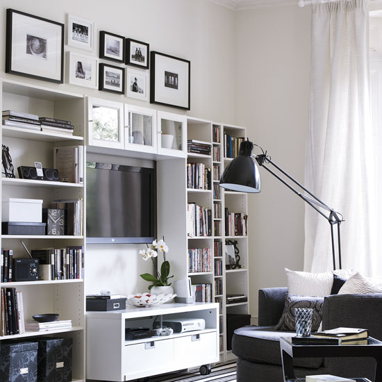 Monochrome living room with modular media unit | Living room storage ...